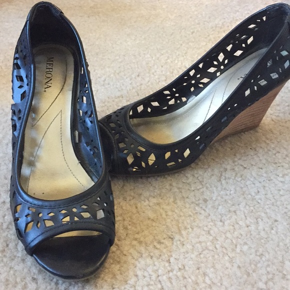 Merona | Shoes | Merona Laser Cut Peep Toe Wedges In Black | Poshmark